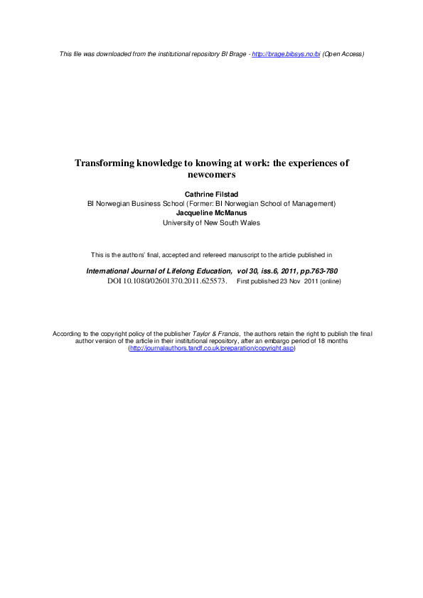 (PDF) Transforming knowledge to knowing at work: the experiences of ...