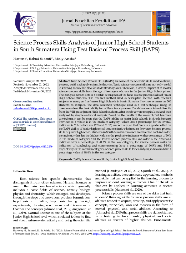 (PDF) Science Process Skills Analysis of Junior High School Students in South Sumatera Using ...