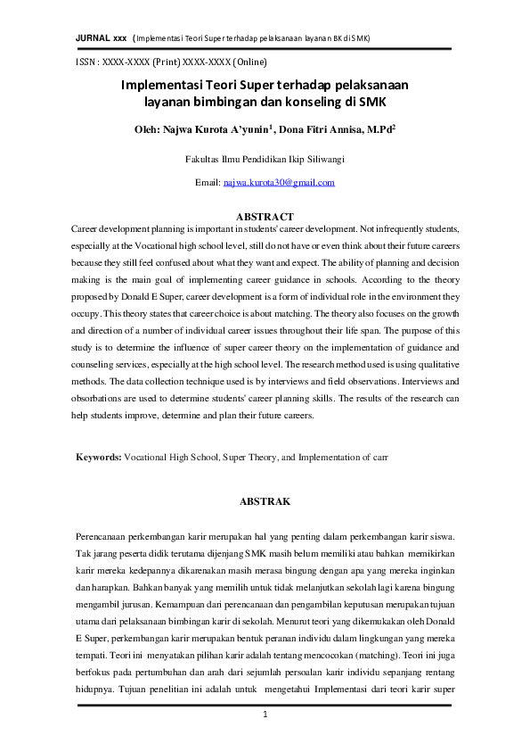 (PDF) Implementasi Teori Super terhadap pelaksanaan layanan bimbingan dan konseling di SMK