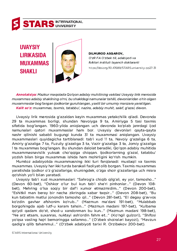 (PDF) Uvaysiy lirikasida muxammas shakli