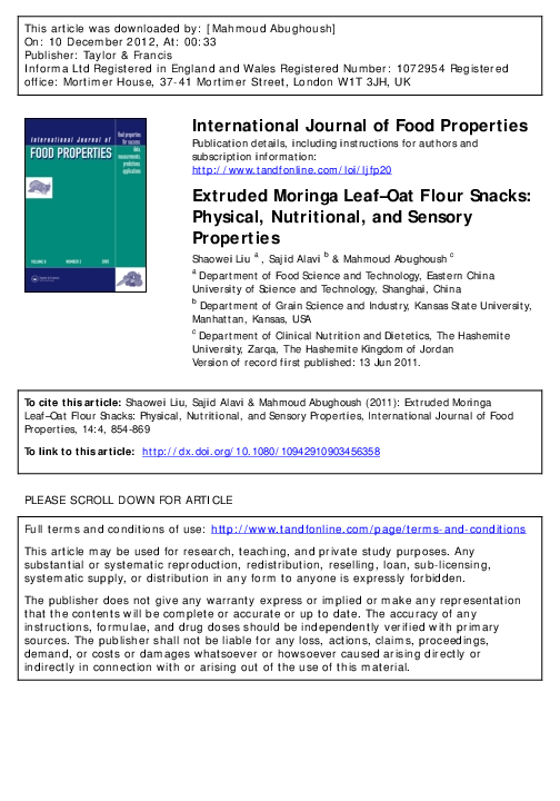 (PDF) Extruded Moringa Leaf–Oat Flour Snacks: Physical, Nutritional, and Sensory Properties