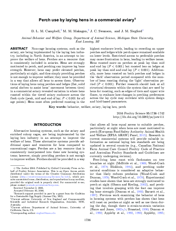 (PDF) Perch use by laying hens in a commercial aviary