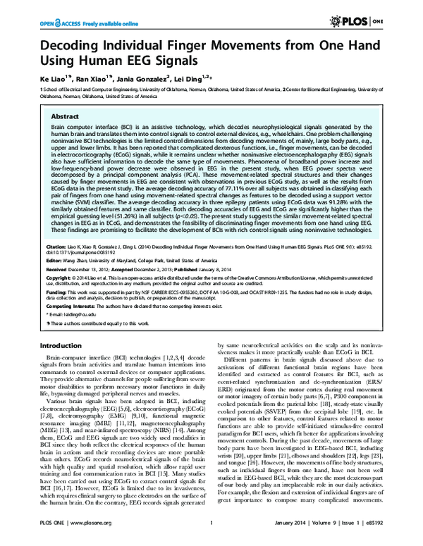 Pdf Decoding Individual Finger Movements From One Hand Using Human