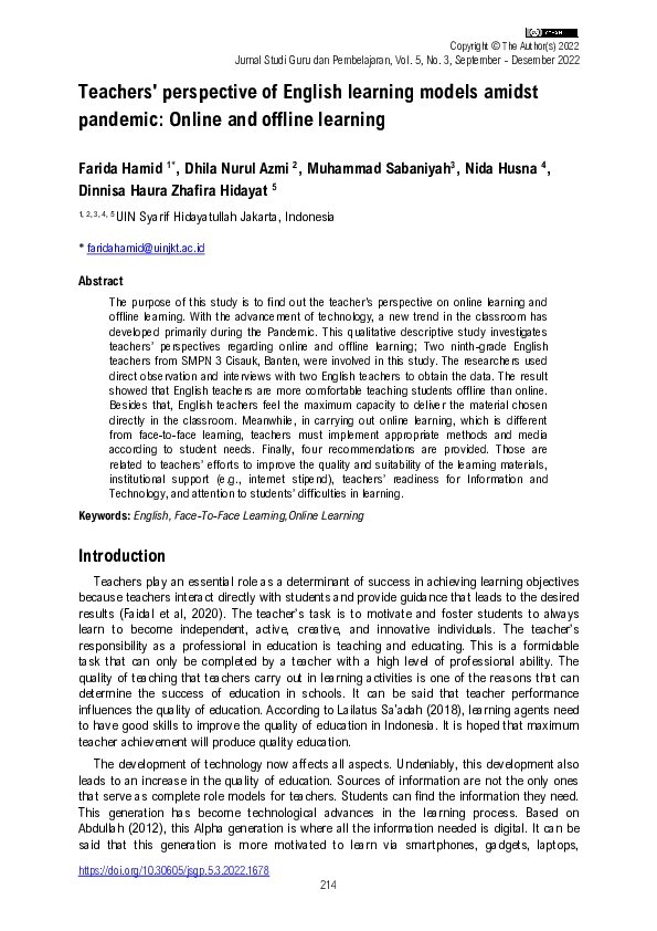 (PDF) Teachers' perspective of English learning models amidst pandemic ...