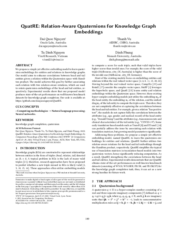 (PDF) QuatRE: Relation-Aware Quaternions for Knowledge Graph Embeddings