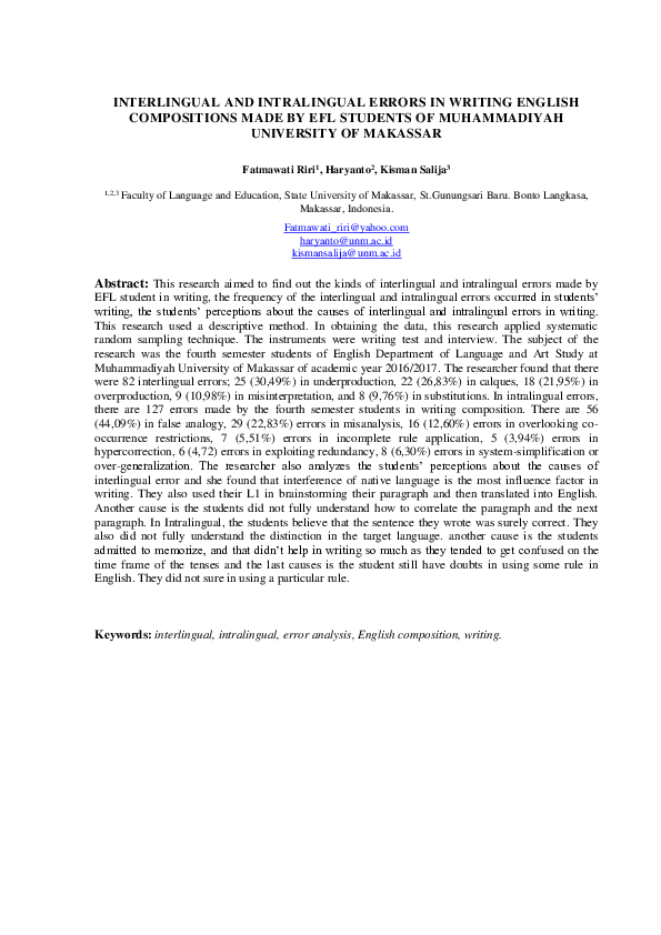 (PDF) Interlingual and Intralingual Errors in Writing English Compositions Made by Efl Students ...