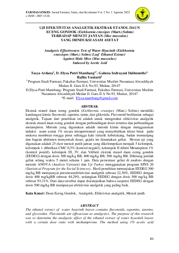 (PDF) UJI EFEKTIVITAS ANALGETIK EKSTRAK ETANOL DAUN ECENG GONDOK ...