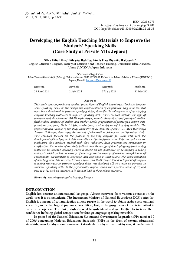 (PDF) Developing the English Teaching Materials to Improve the Students’ Speaking Skills (Case ...