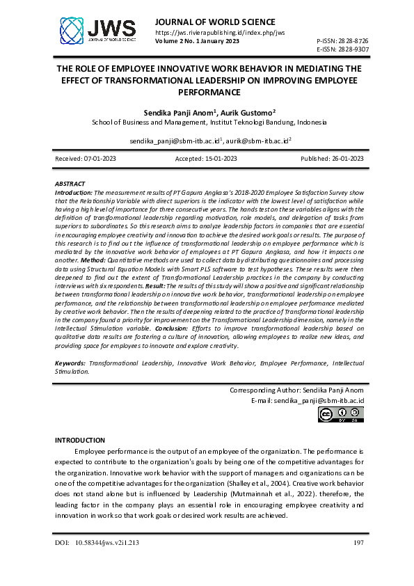 (PDF) The Role of Employee Innovative Work Behavior in Mediating the Effect of Transformational ...