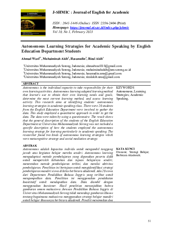 (PDF) Autonomous Learning Strategies for Academic Speaking by English Education Department Students