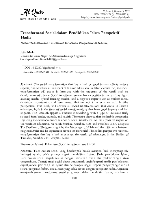 (PDF) Transformasi Sosial dalam Pendidikan Islam Perspektif Hadis