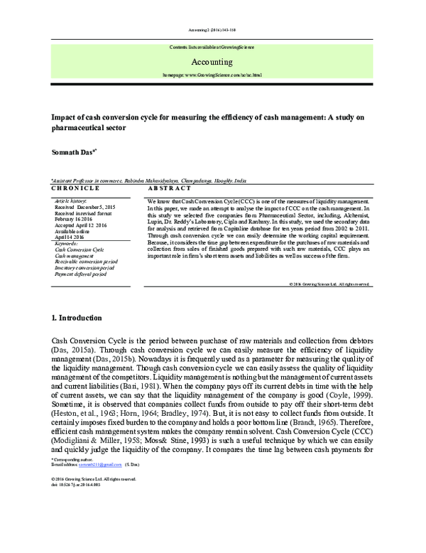 (PDF) Impact of cash conversion cycle for measuring the efficiency of ...