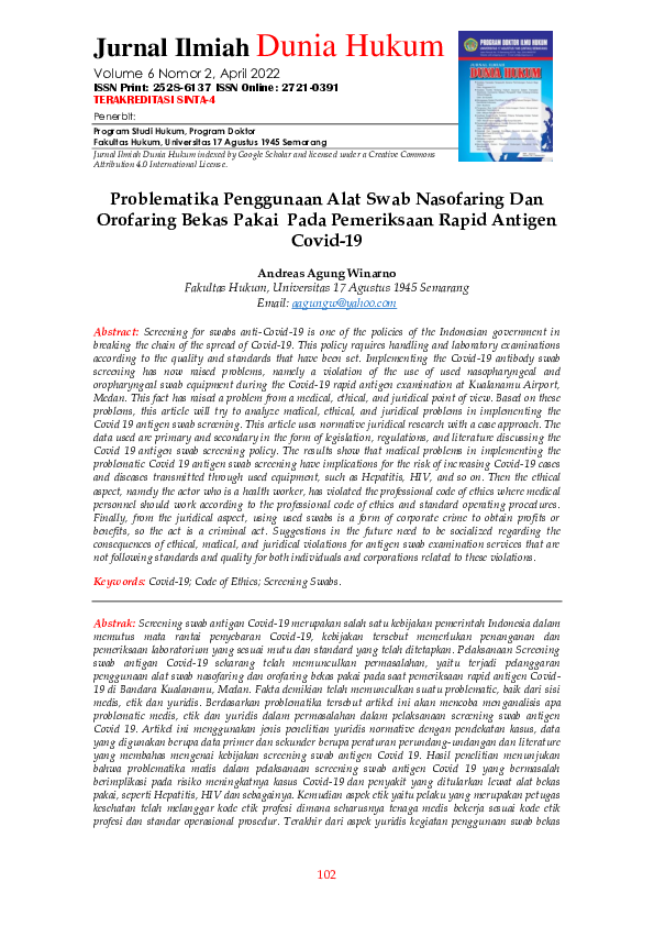 (PDF) Problematika Penggunaan Alat Swab Nasofaring Dan Orofaring Bekas ...