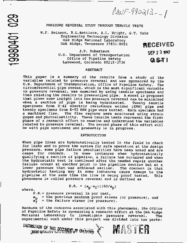 (PDF) Pressure reversal study through tensile tests