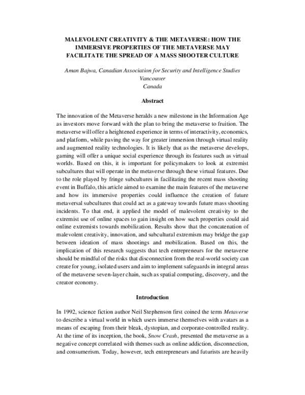 (PDF) Malevolent Creativity & the Metaverse