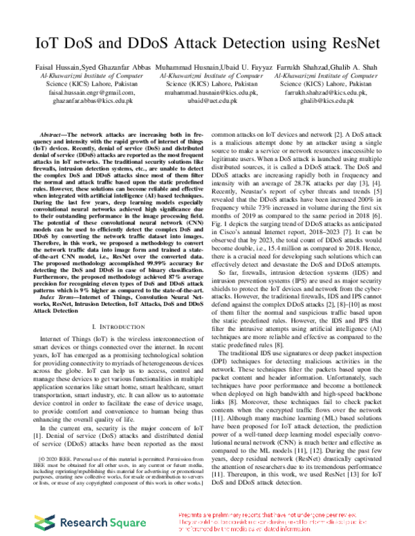 (PDF) IoT DoS and DDoS Attack Detection using ResNet