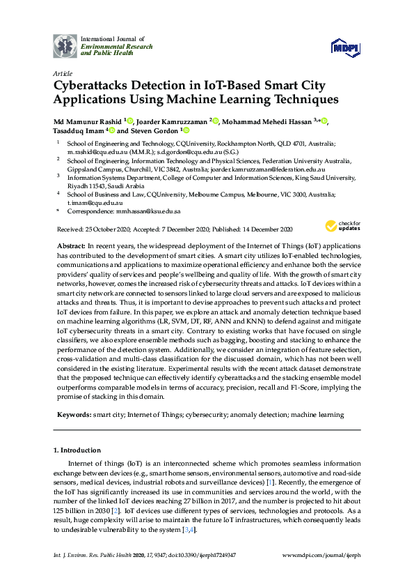 Pdf Cyberattacks Detection In Iot Based Smart City Applications Using Machine Learning Techniques 