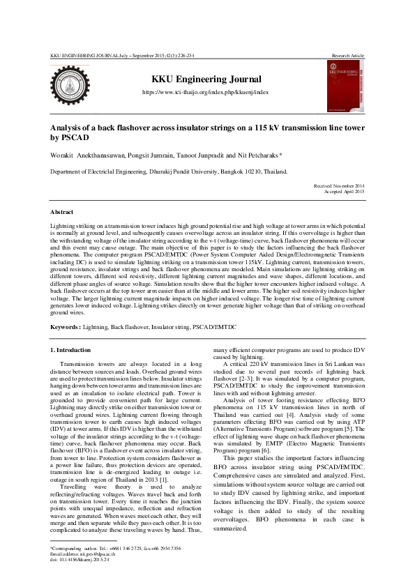 (PDF) Analysis of a back flashover across insulator strings on a 115 kV transmission line tower ...