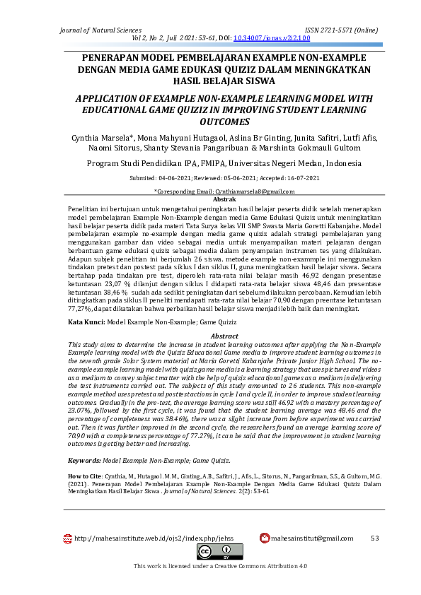 (PDF) Penerapan Model Pembelajaran Example Non-Example Dengan Media Game Edukasi Quiziz Dalam ...