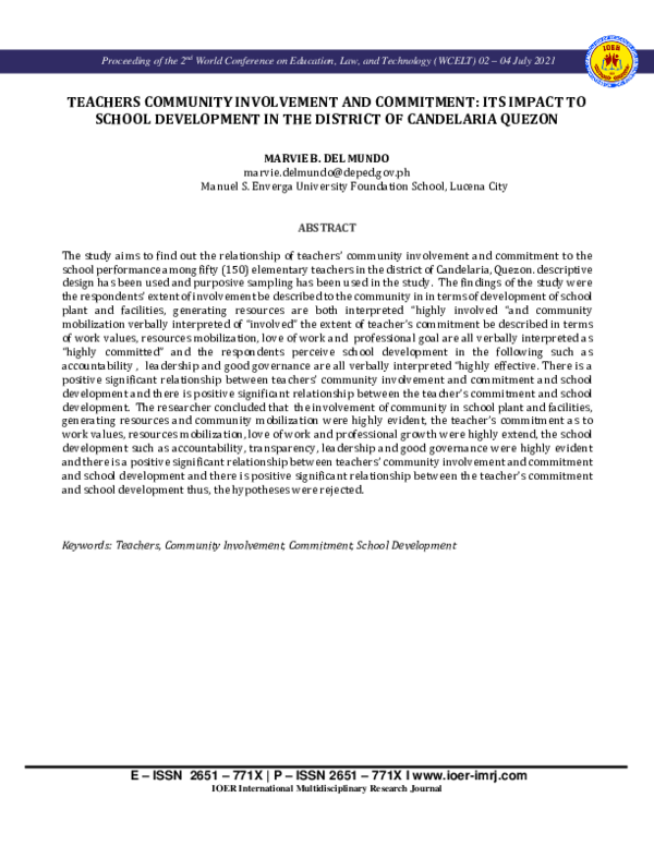 (PDF) Teachers Community Involvement and Commitment: Its Impact to ...