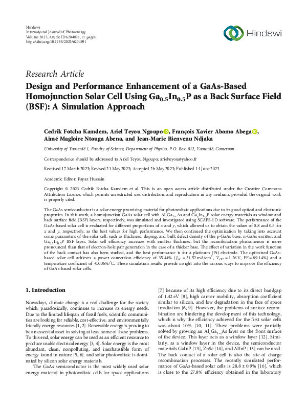 (PDF) Design and Performance Enhancement of a GaAs-Based Homojunction Solar Cell Using Ga0.5In0 ...