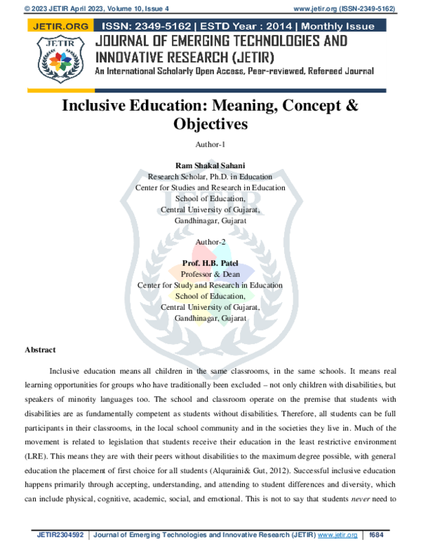 (PDF) Inclusive Education: Meaning, Concept & Objectives
