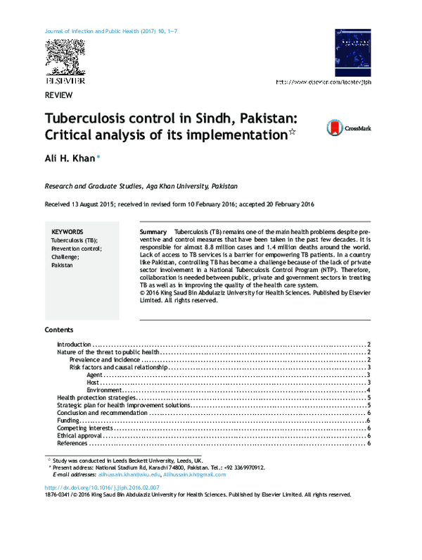(PDF) Tuberculosis control in Sindh, Pakistan: Critical analysis of its implementation