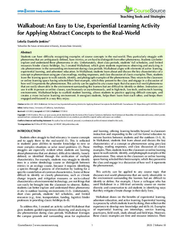 (PDF) Walkabout: An Easy to Use, Experiential Learning Activity for ...