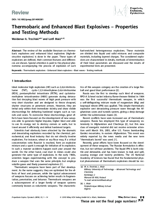 (PDF) Thermobaric and Enhanced Blast Explosives - Properties and ...