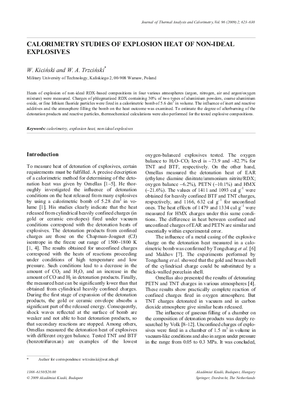 (PDF) Calorimetry studies of explosion heat of non-ideal explosives