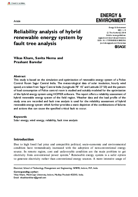 (PDF) Reliability analysis of hybrid renewable energy system by fault tree analysis