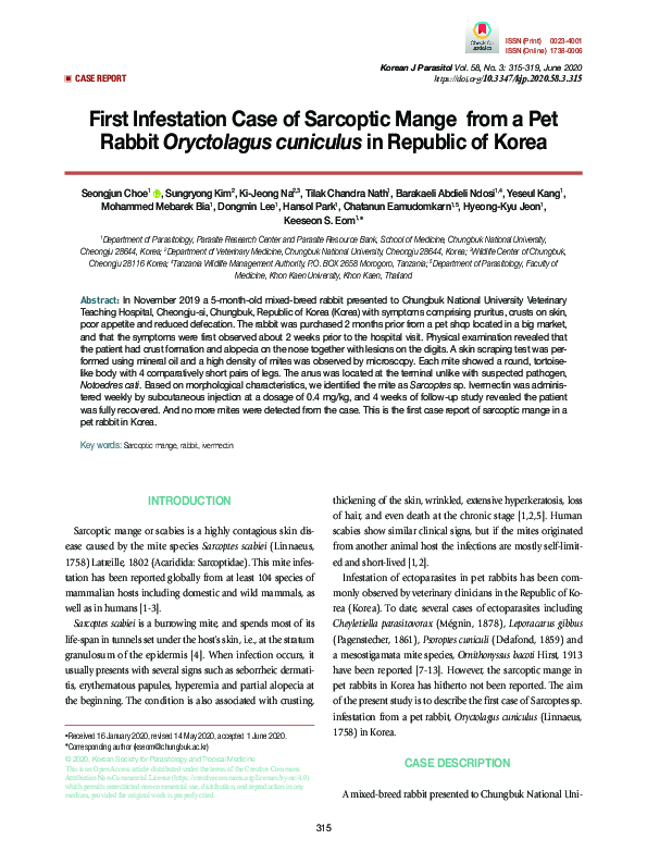 (PDF) First Infestation Case of Sarcoptic Mange from a Pet Rabbit ...