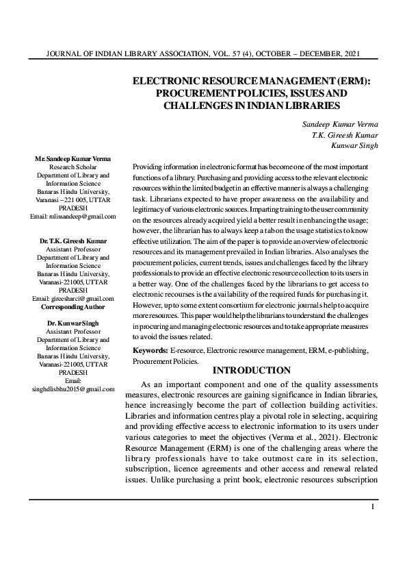(PDF) Electronic Resource Management (ERM): Procurement Policies, Issues and Challenges in ...