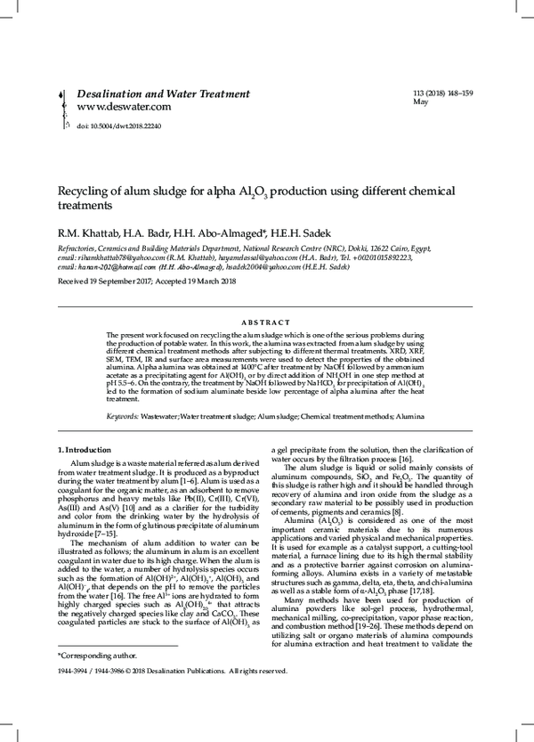 (PDF) Recycling of alum sludge for alpha Al2O3 production using ...