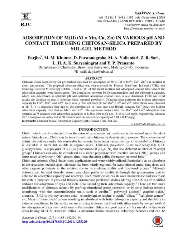 (PDF) ADSORPTION OF M(II) (M = Mn, Cu, Zn) IN VARIOUS pH AND CONTACT TIME USING CHITOSAN-SILICA ...