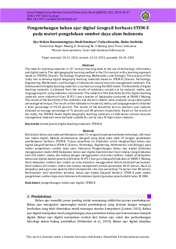 (PDF) Pengembangan bahan ajar digital Geografi berbasis STEM-E pada materi pengelolaan sumber ...