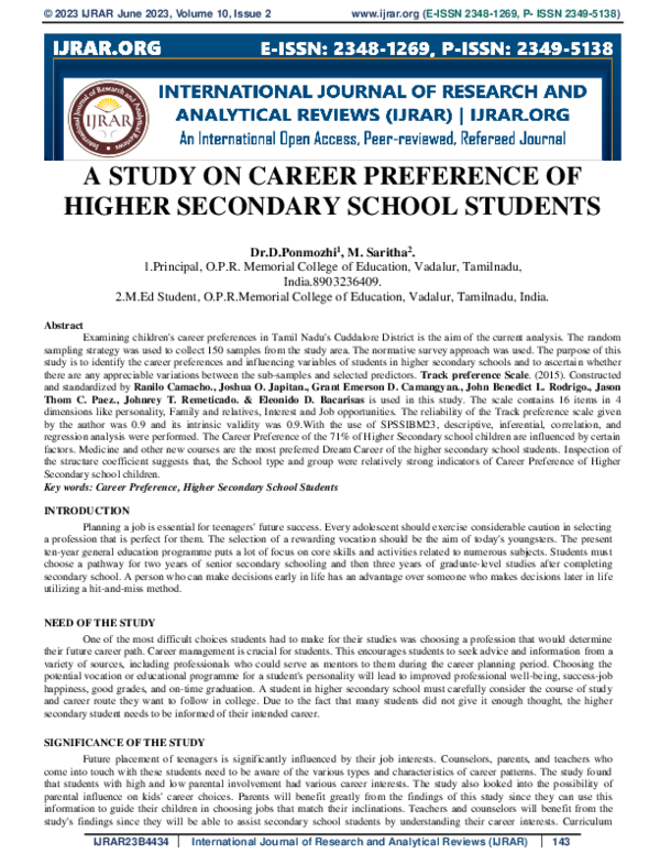(PDF) A STUDY ON CAREER PREFERENCE OF HIGHER SECONDARY SCHOOL STUDENTS