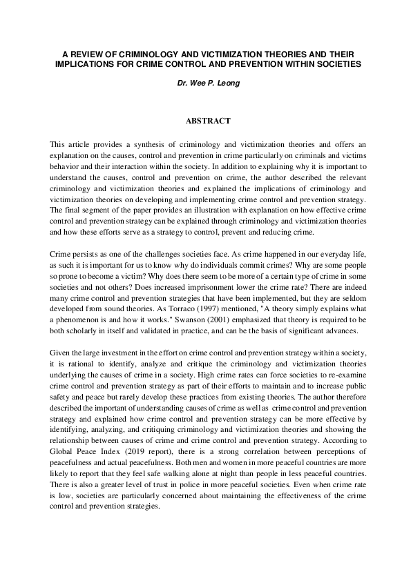 (PDF) A REVIEW OF CRIMINOLOGY AND VICTIMIZATION THEORIES AND THEIR ...