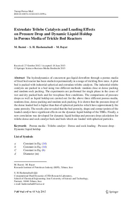 (PDF) Extrudate Trilobe Catalysts and Loading Effects on Pressure Drop ...