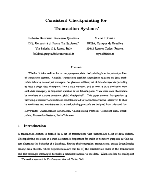 (PDF) Consistent Checkpointing for Transaction Systems