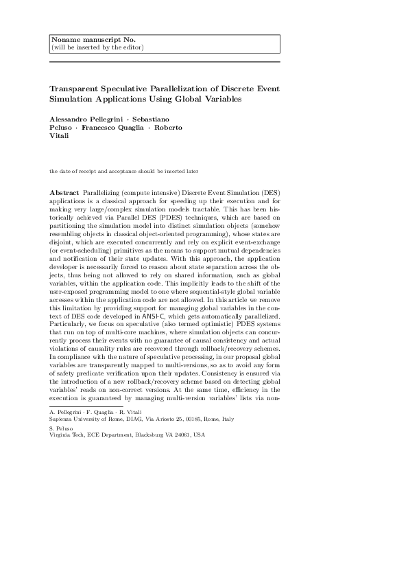 (PDF) Transparent Speculative Parallelization of Discrete Event Simulation Applications Using ...