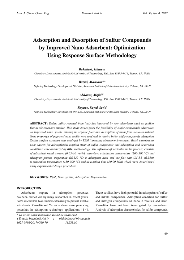 (PDF) Adsorption and Desorption of Sulfur Compounds by Improved Nano Adsorbent: Optimization ...