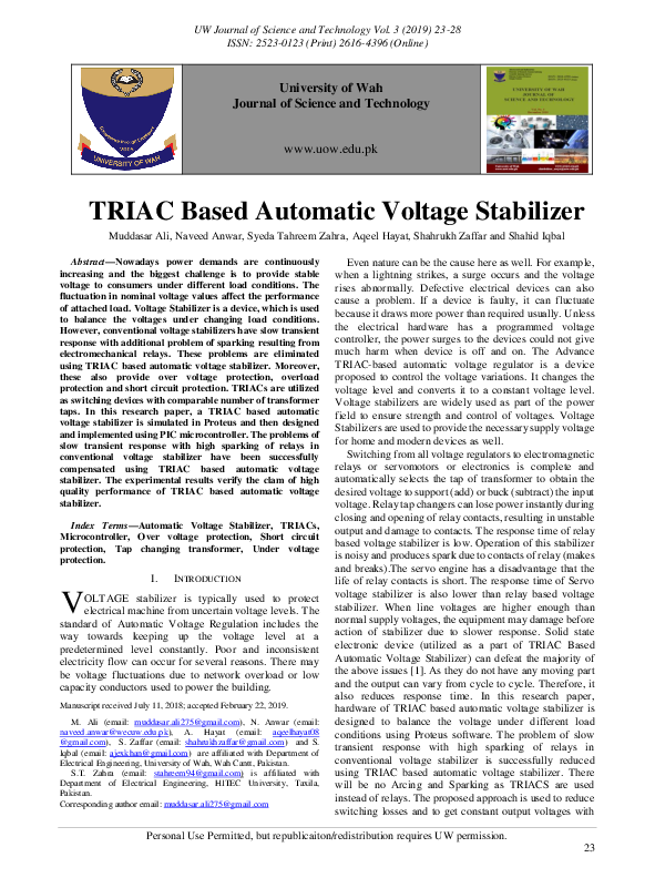 (PDF) TRIAC Based Automatic Voltage Stabilizer