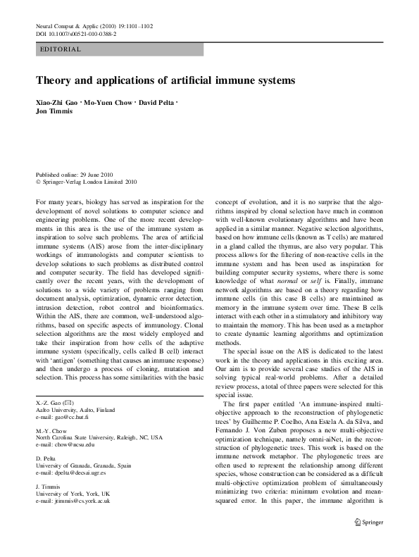 (PDF) Theory and applications of artificial immune systems