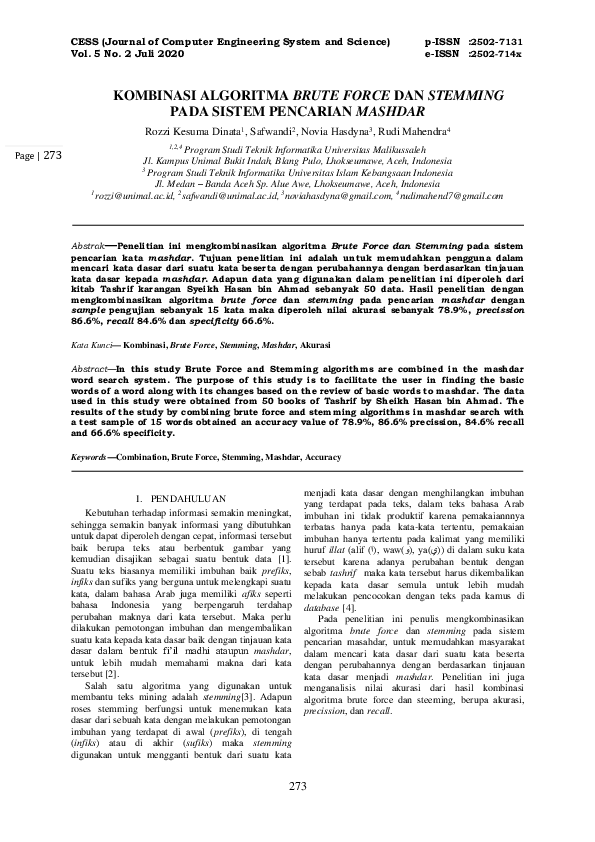 (PDF) Kombinasi Algoritma Brute Force dan Stemming pada Sistem Pencarian Mashdar | safwandi ...