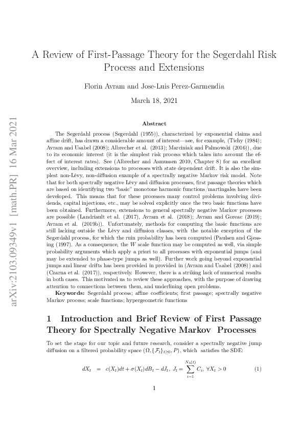 (PDF) A Review of First-Passage Theory for the Segerdahl Risk Process ...