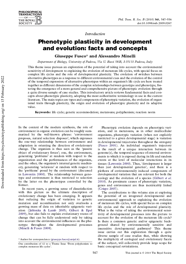 (PDF) Phenotypic plasticity in development and evolution: facts and ...