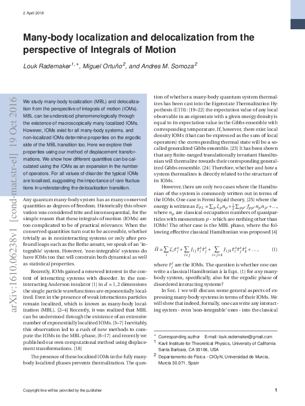 (PDF) Many‐body localization from the perspective of Integrals of Motion