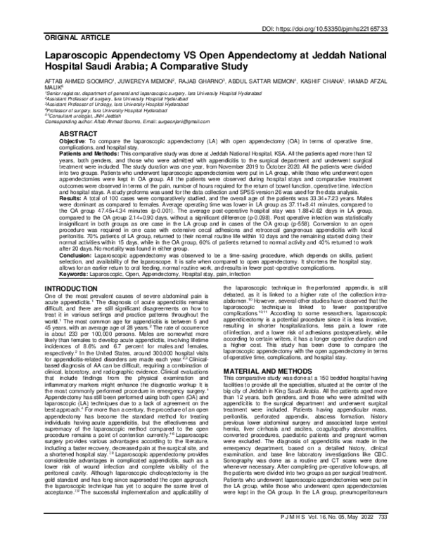 (PDF) Laparoscopic Appendectomy VS Open Appendectomy at Jeddah National Hospital Saudi Arabia; A ...