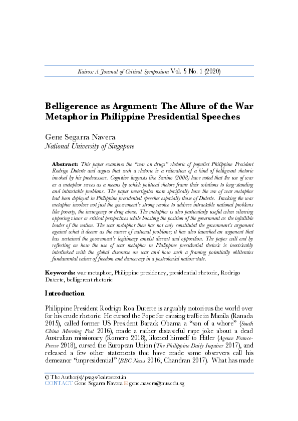 (PDF) Belligerence as Argument: The Allure of the War Metaphor in ...